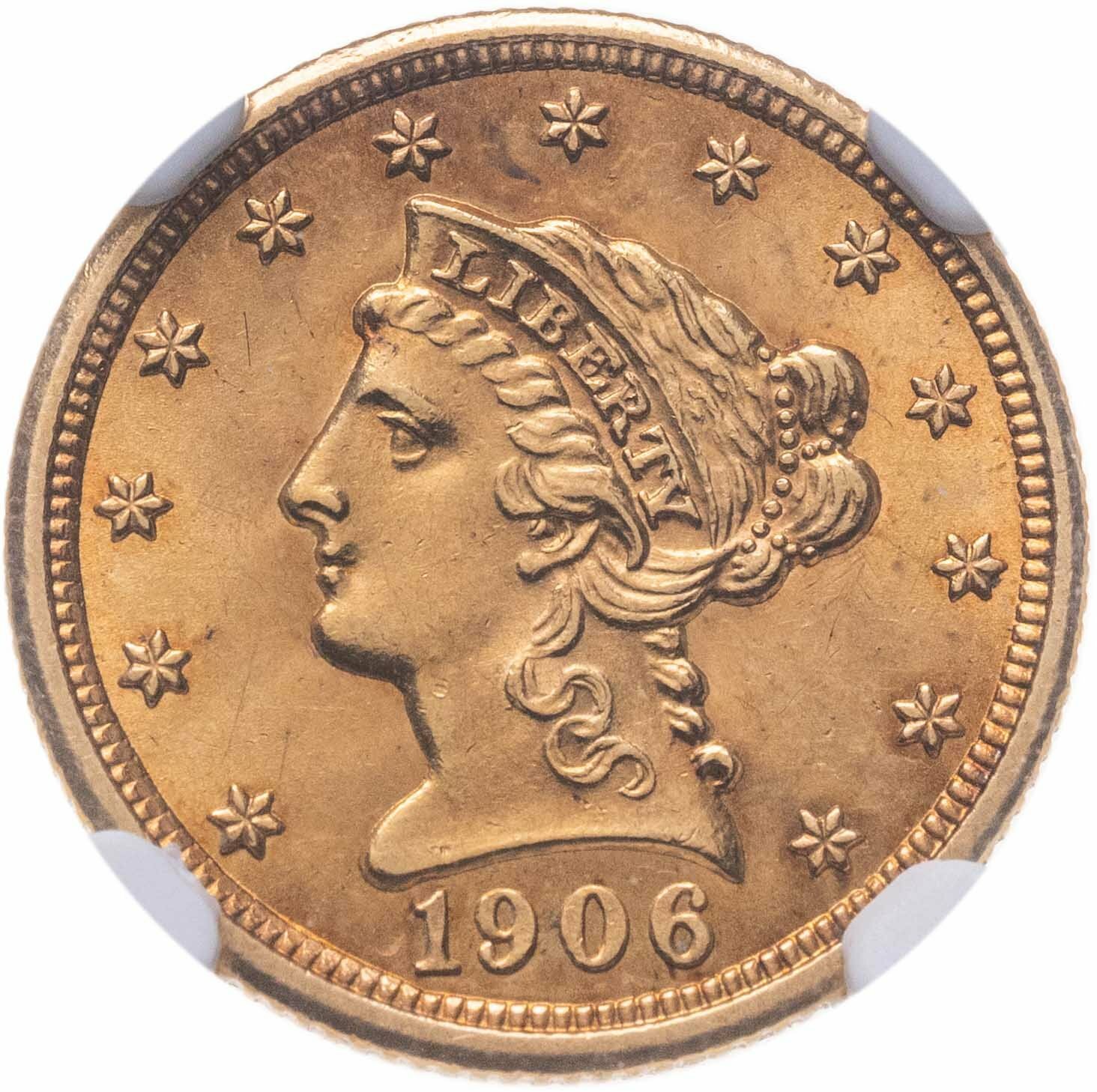 США 2 1\2 доллара 2,5 dollars 1906 в слабе NGC MS63, Золото 900