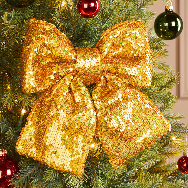 Бант на елку Блестящие Пайетки 22*20 см золотой, Christmas Deluxe (Кристмас Делюкс), 14253-1