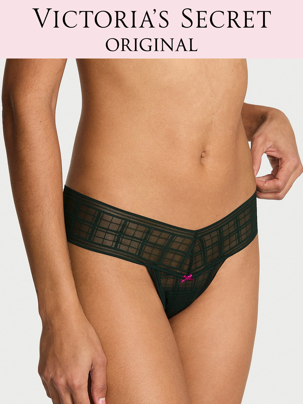 Трусы Victorias Secret XL изумрудные сетчатые в клетку с фиолетовым бантом тонг