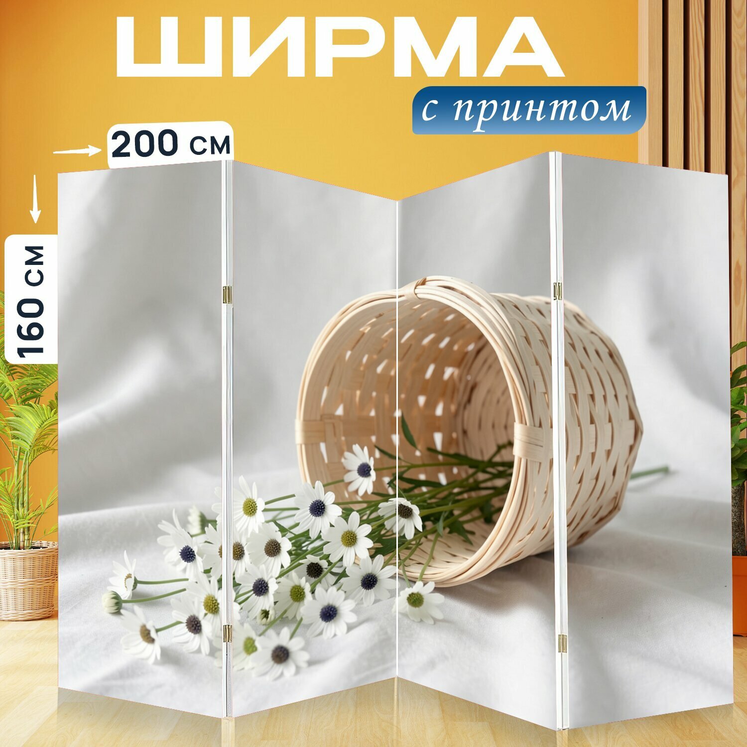 Ширма "Плетеная корзина с ромашками. Нежный натюрморт: опрокинутое лукошко и россыпь полевых цветов на светлой." перегородка для зонирования комнаты с принтом 200x160 см. на холсте