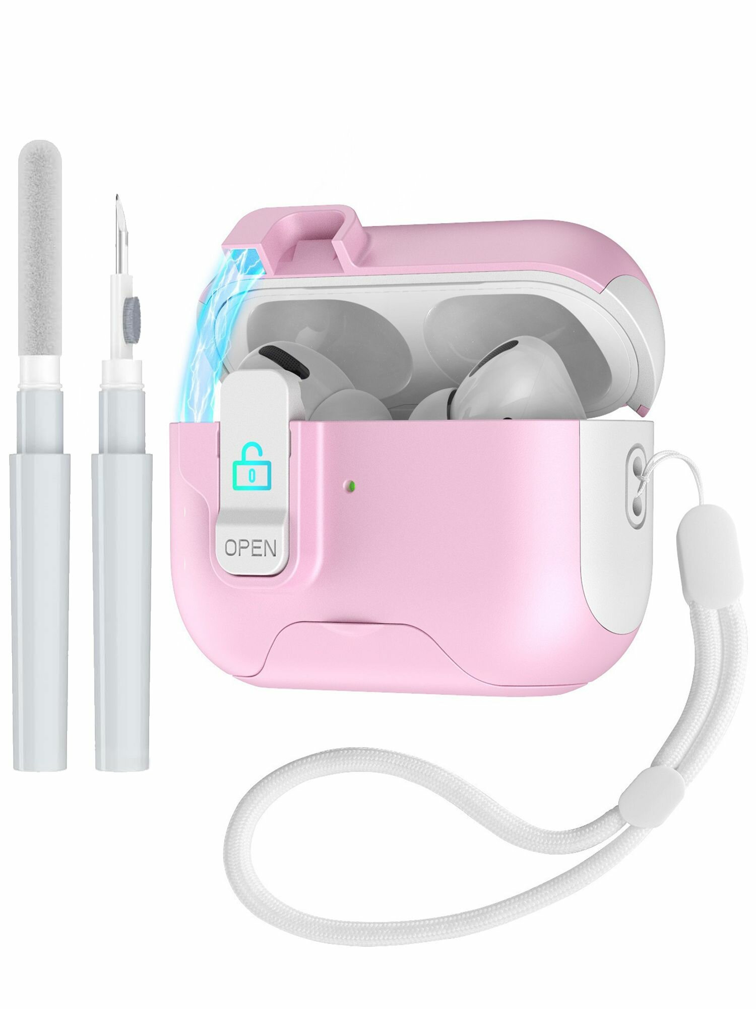 Чехол для наушников AirPods Pro 2 ( на Аирподс Про 2 ) пластиковый с замком и шнурком + щетка, бело-розовый