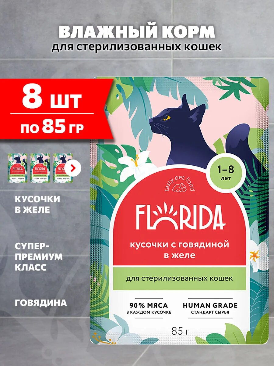 Корм влажный Florida для взрослых кастрированных котов и стерилизованных кошек, говядина в желе, 85 г х 8 шт