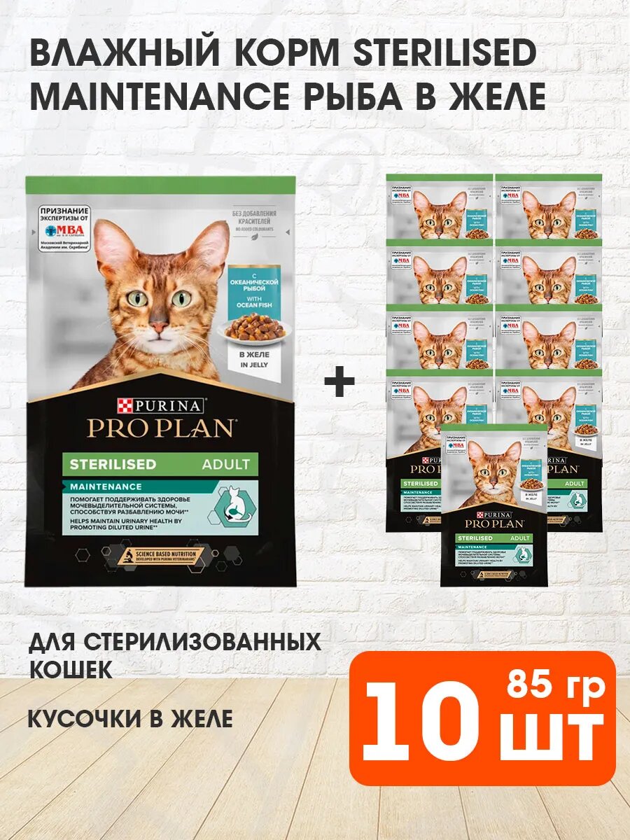 Корм влажный Pro Plan Sterilised Maintenance для взрослых стерилизованных кошек и кастрированных котов, океаническая рыба в желе, 85 г 10 шт