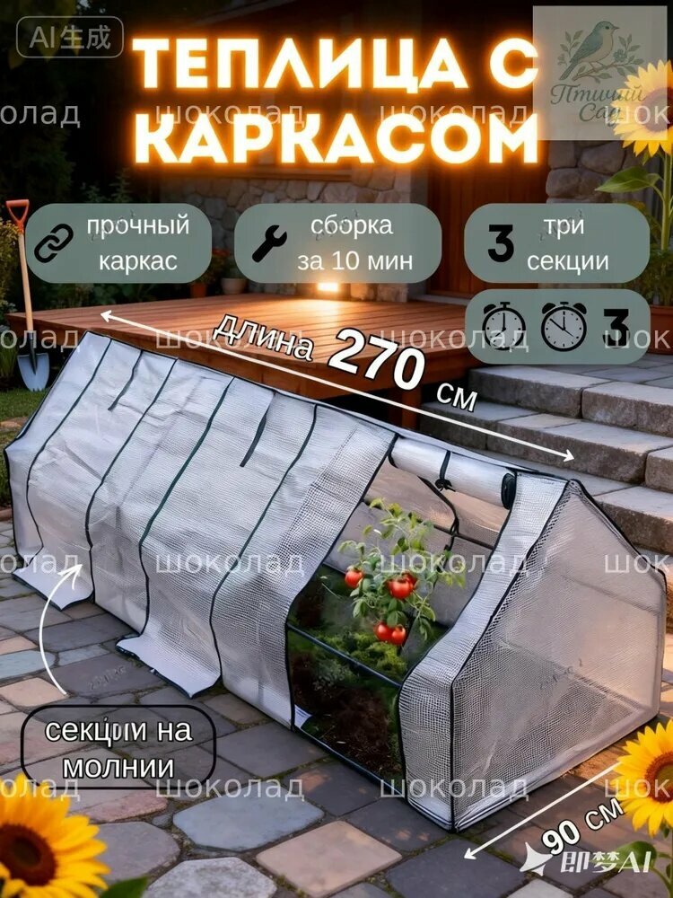 Парник, теплица домиком 019d3c86fc477146b0fc493dd6ac5485 2.7х0.9х0.9м, Софт