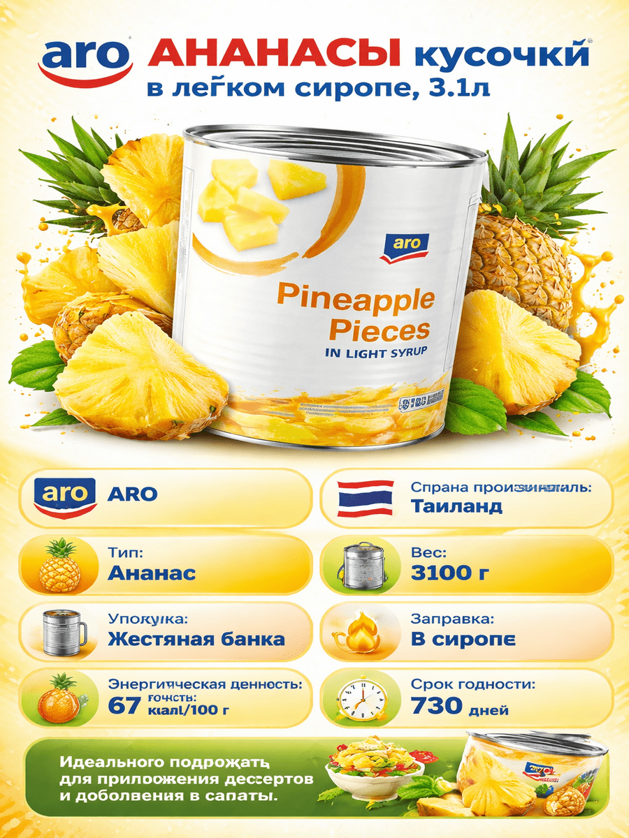 Aro Ананасы кусочки в легком сиропе, 3.1л