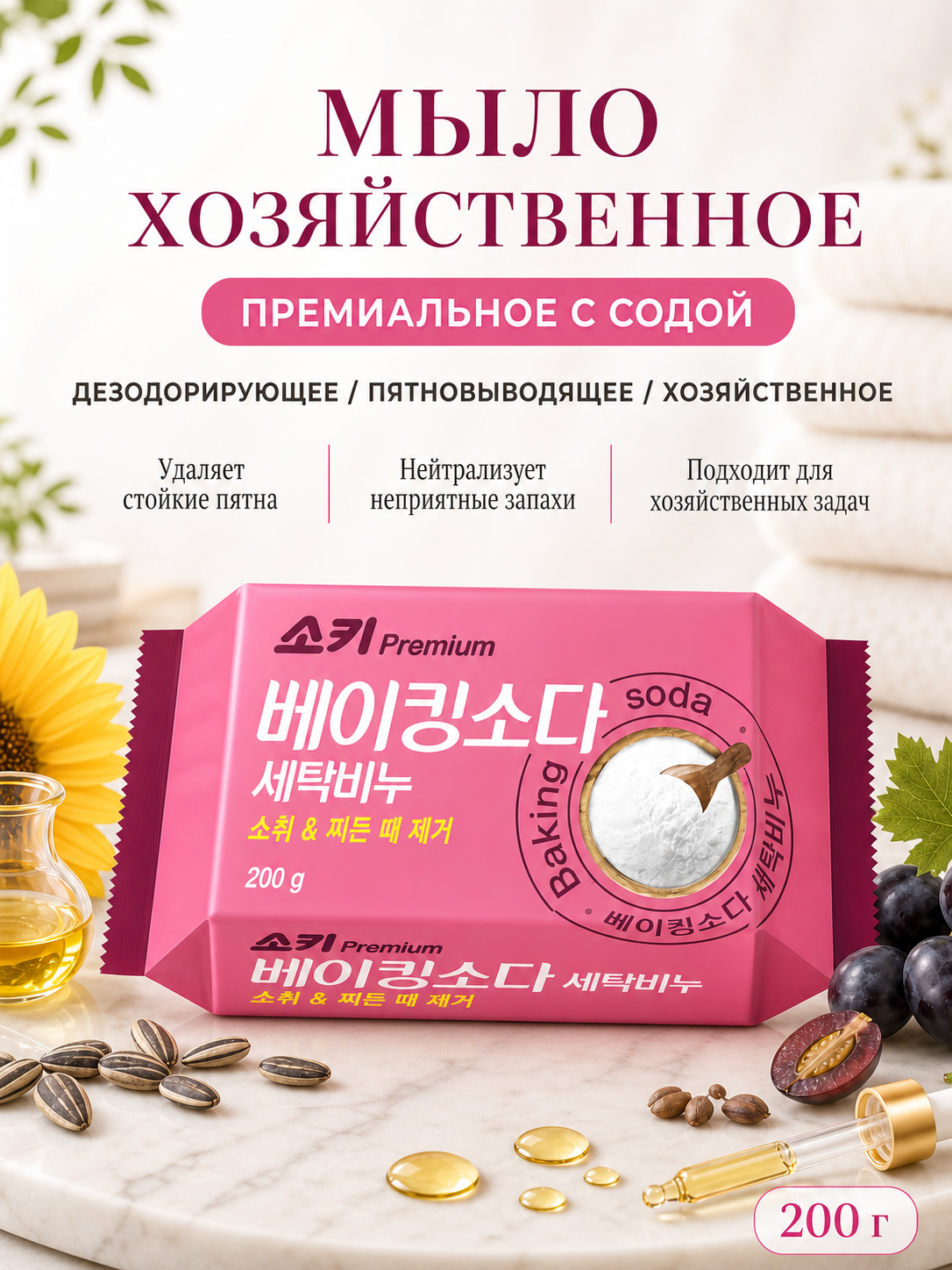 [MUKUNGHWA] Премиальное мыло с содой дезодорирующее/пятновыводящее/хозяйственное, 200гр