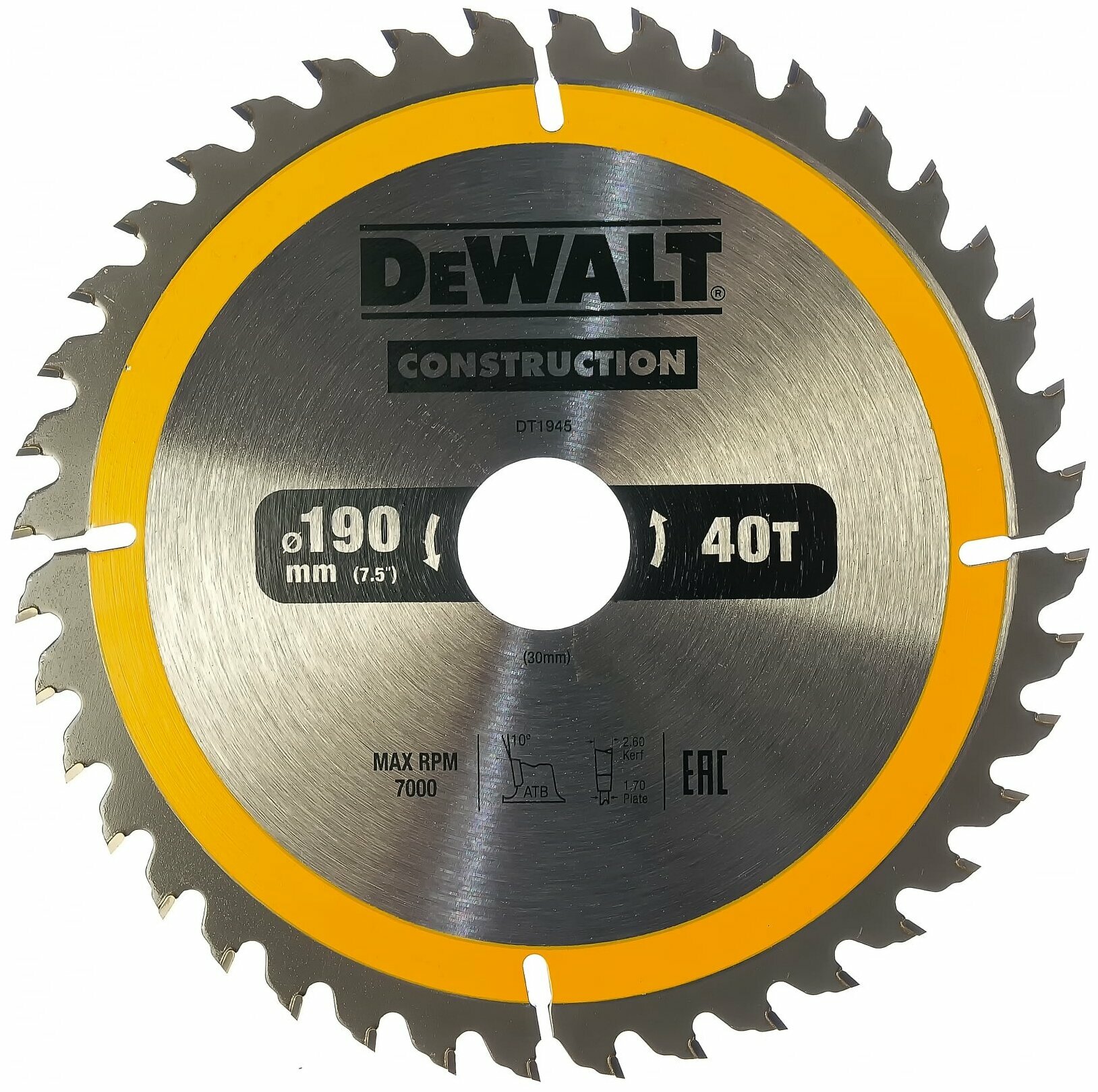 Пильный диск DeWalt Construction 190х30мм 40ATB DT1945-QZ