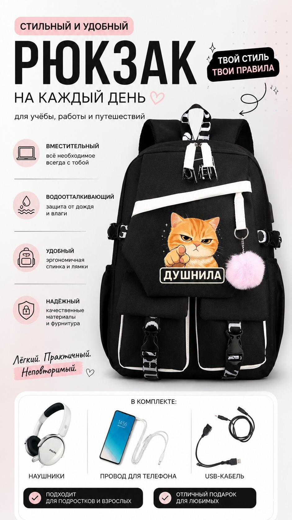 Рюкзак школьный черный с котом USB порт