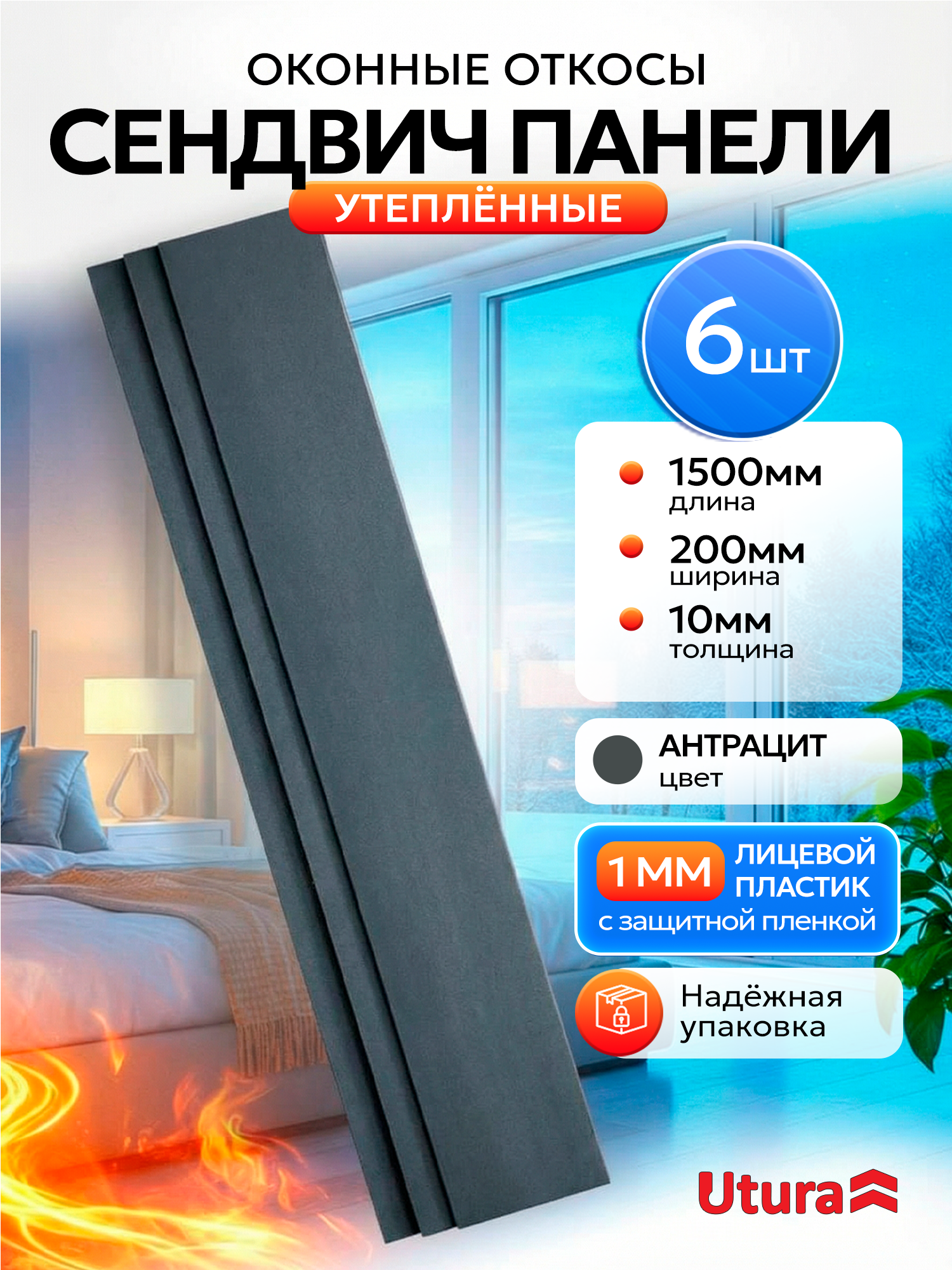 Откос оконный утепленный Антрацитовый для отделки окон 6 штук ПВХ 200х1500 мм