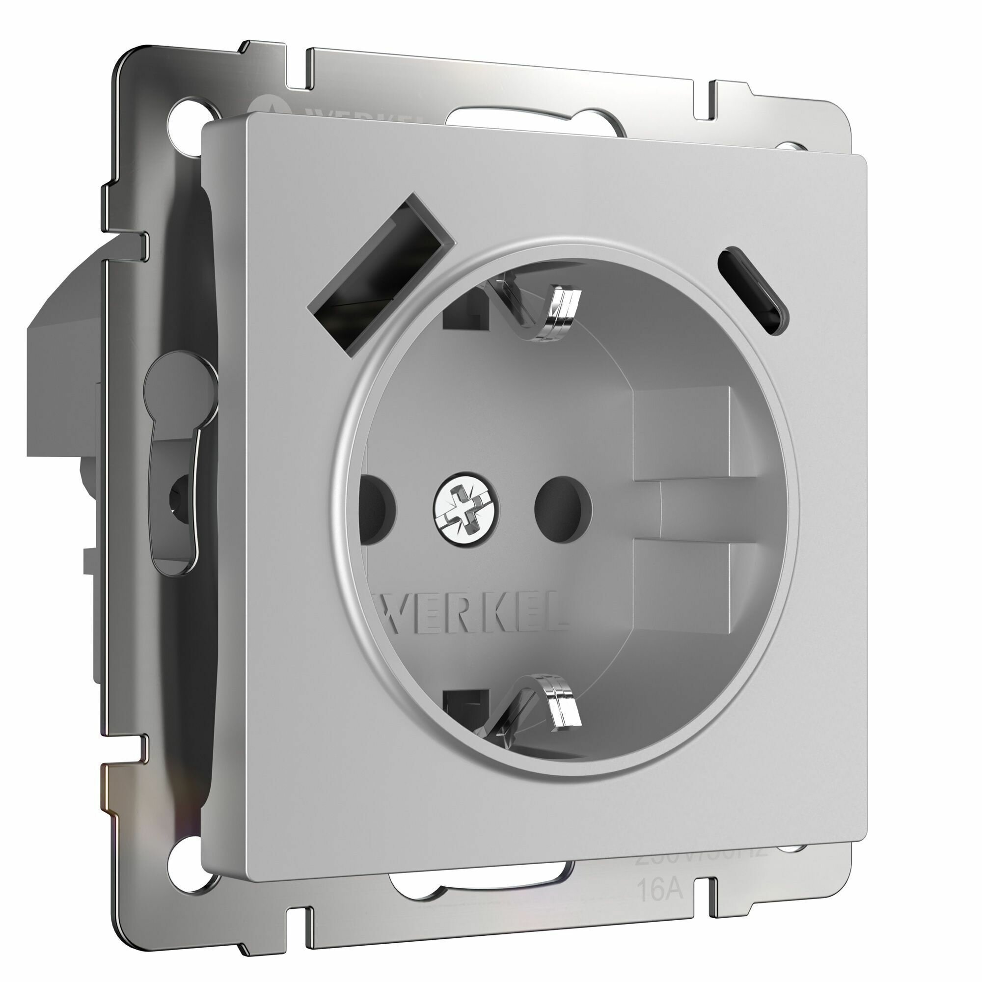 Встраиваемая розетка с заземлением, шторками и USB тип A+C Werkel W1171706, цвет серебряный