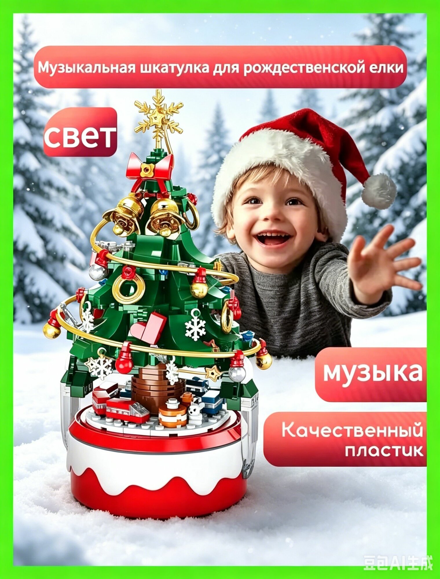 Конструктор музыкальная ёлка 418 шт с огнями, вращающаяся шкатулка, подарок на Рождество для детей