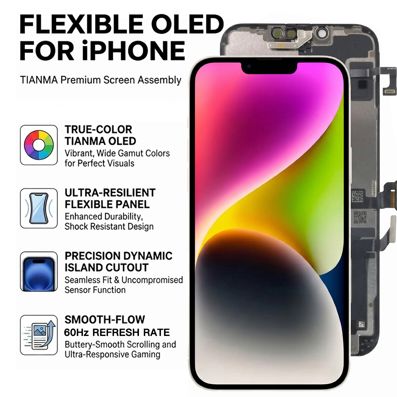 Дисплей Tianma, для iPhone 14, OLED, 60Гц, Face ID, True Tone
