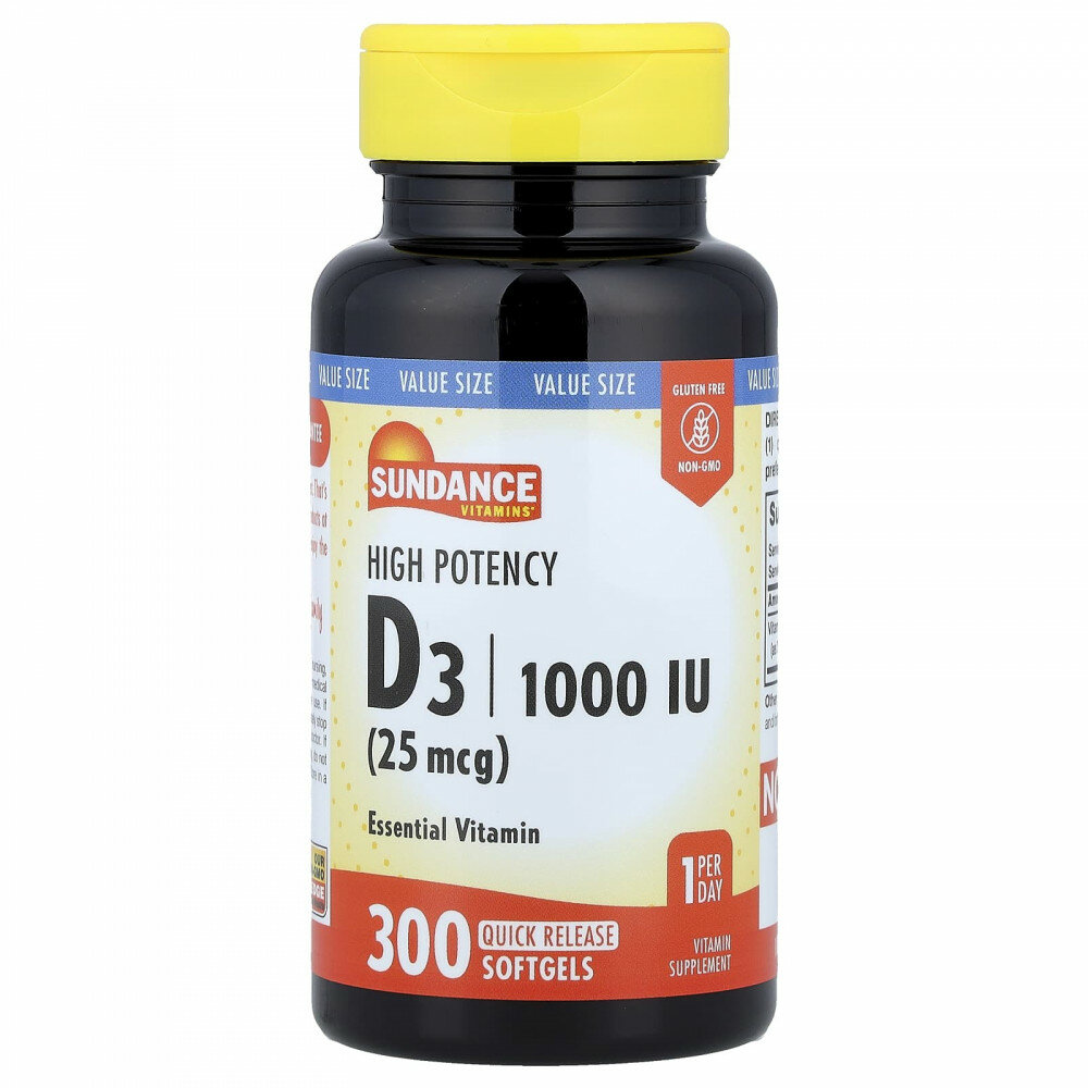 Sundance Vitamins, Высокоэффективный витамин D3, 25 мкг (1000 МЕ), 300 капсул быстрого высвобождения