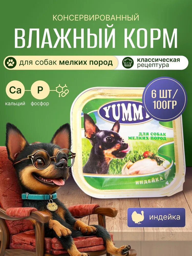 Yummy Влажный корм для собак мелких пород, с индейкой, 100 гр. * 6 шт.
