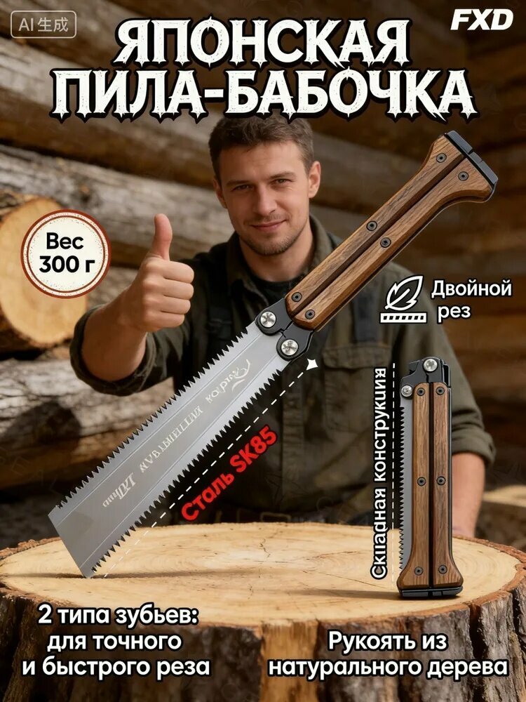 Японская пила по дереву двухсторонняя складная "бабочка" 150 мм. Ножовка садовая из стали SK85 для туризма и выживания; легкая и компактная 300 г