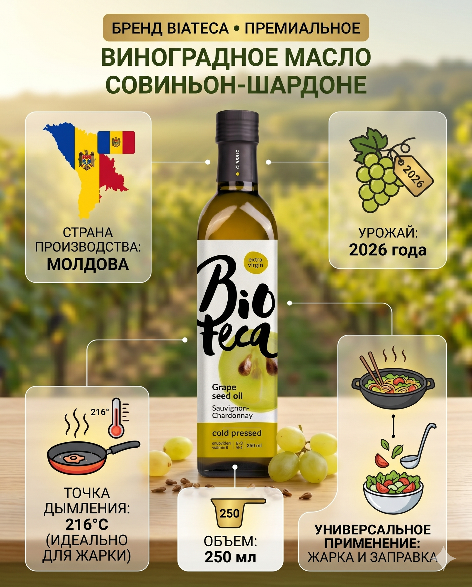 Масло растительное нерафинированное из виноградных косточек сорта Sauvignon-Chardonnay холодного отжима