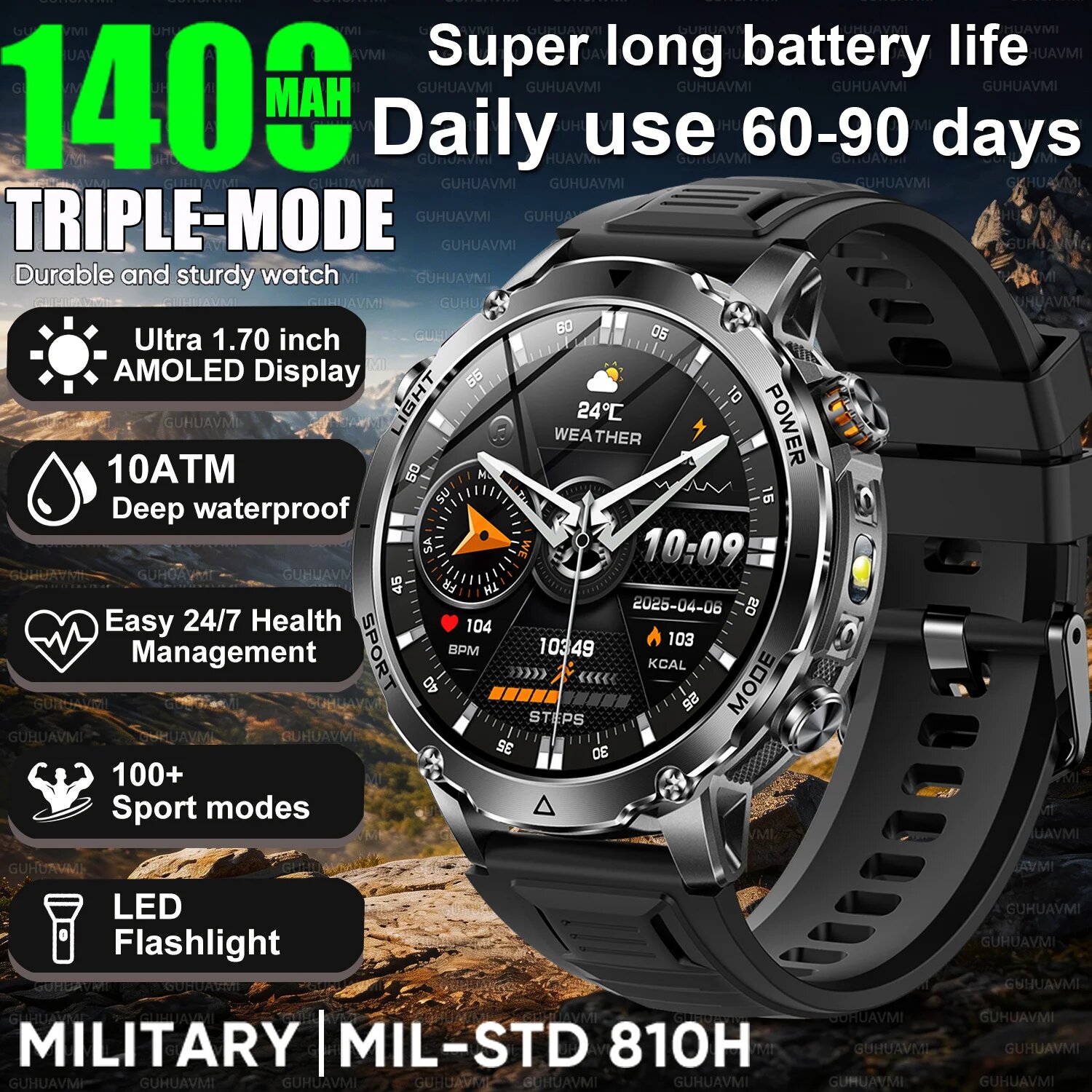 Smart Watch Men 1.7" HD IP68K Bluetooth Call Black
