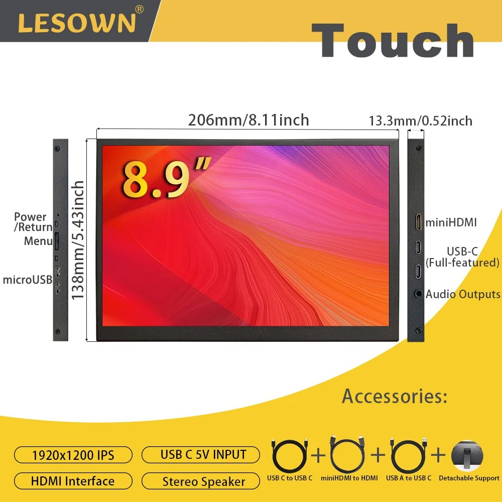 LESOWN 9-дюймовый портативный HDMI монитор Touch with Support