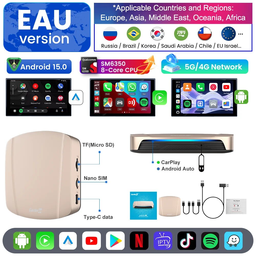 CarlinKit Ultra1 Android 15.0 ТВ-приставка 5G с беспроводным CarPlay и Android Auto, поддержка YouTube, Netflix, IPTV, Waze