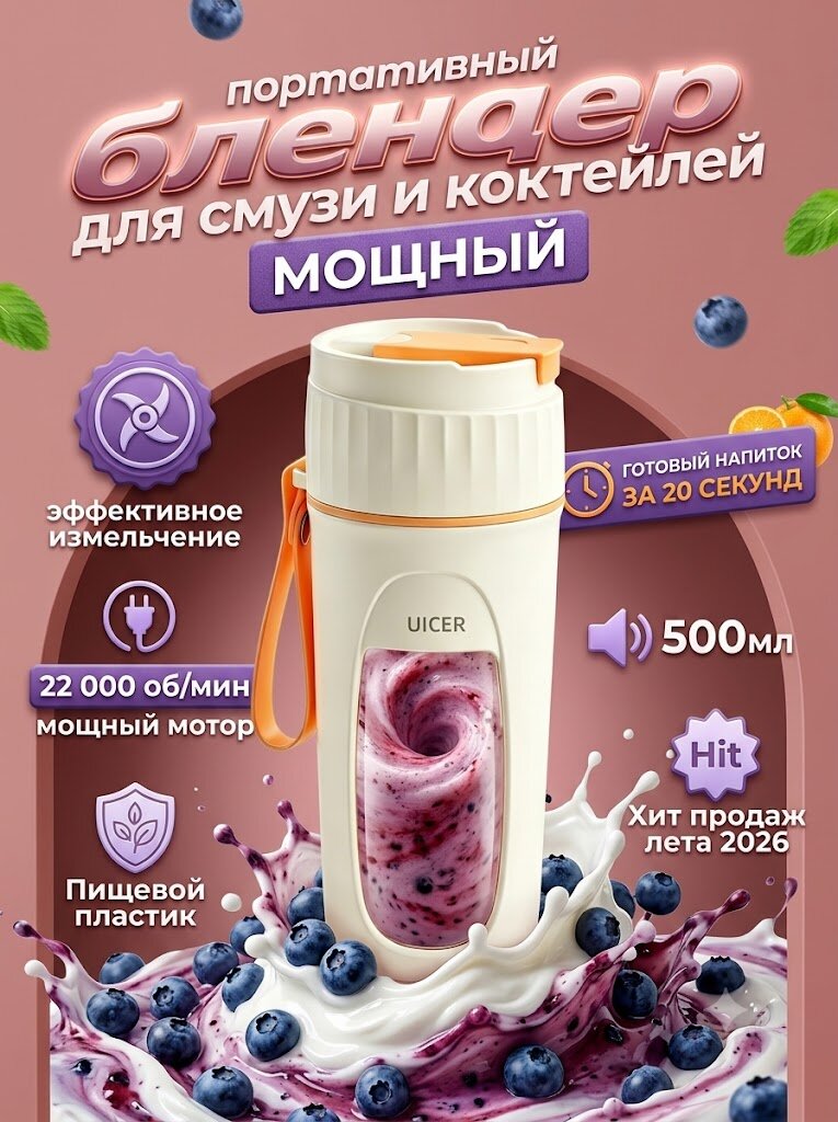 Портативный блендер GROOVIER, беспроводной, для смузи и коктейлей, синий