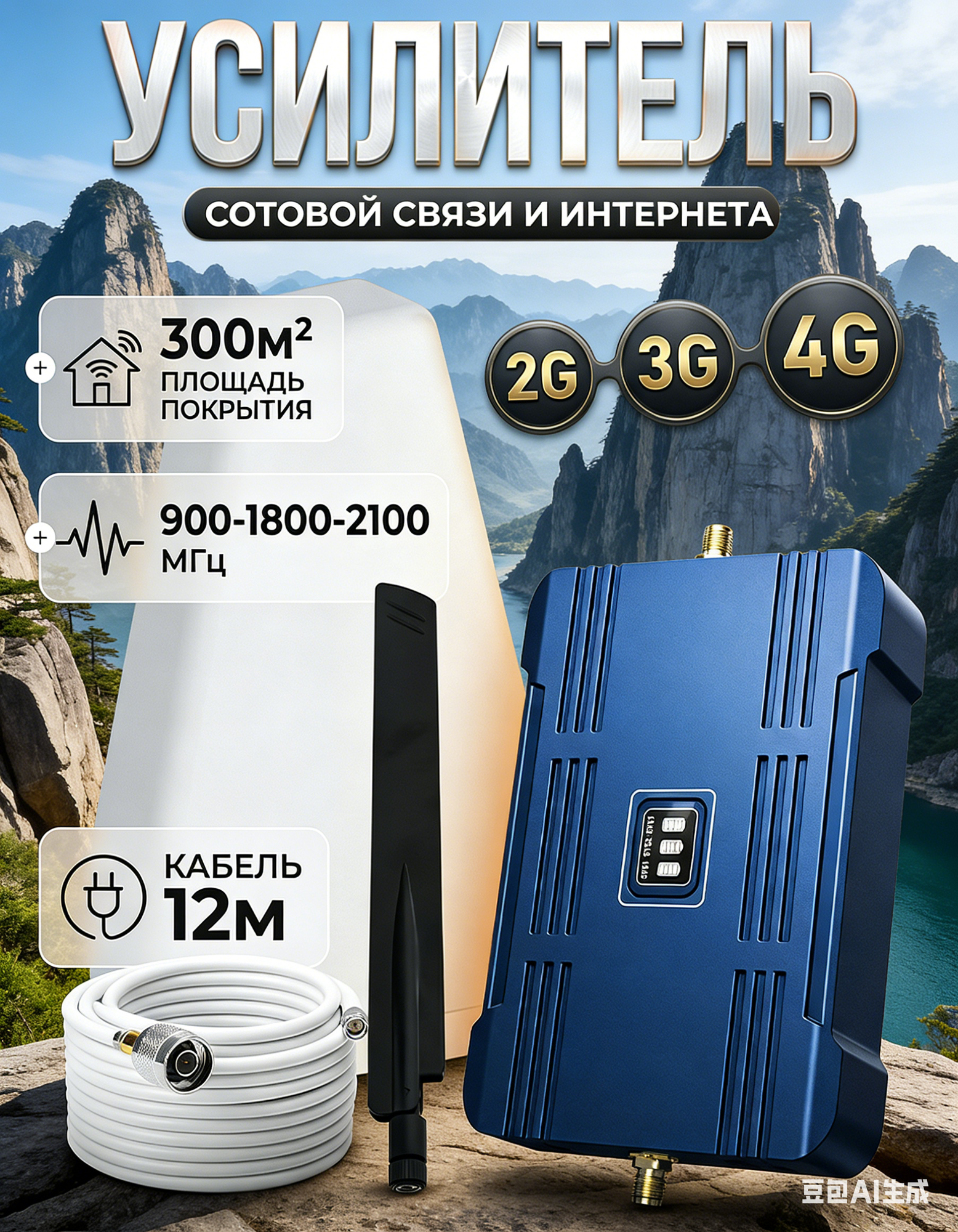 Усилитель сотовой связи 900/1800/2100 МГц (2G/3G/4G): до 70 км, направленный, синий, 1.3 кг