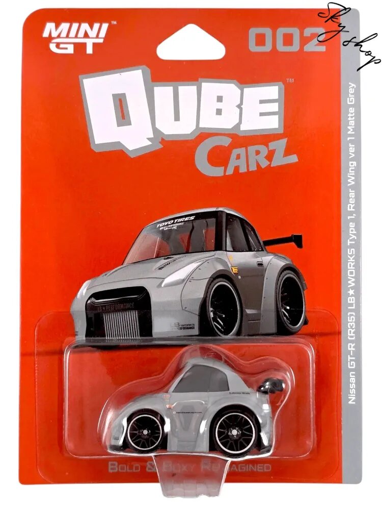 Машинка MINI GT QubeCarz #002 Nissan GT-R R35 LB WORKS Type 1, Rear Wing ver 1 Matte Grey модельки машин металлические