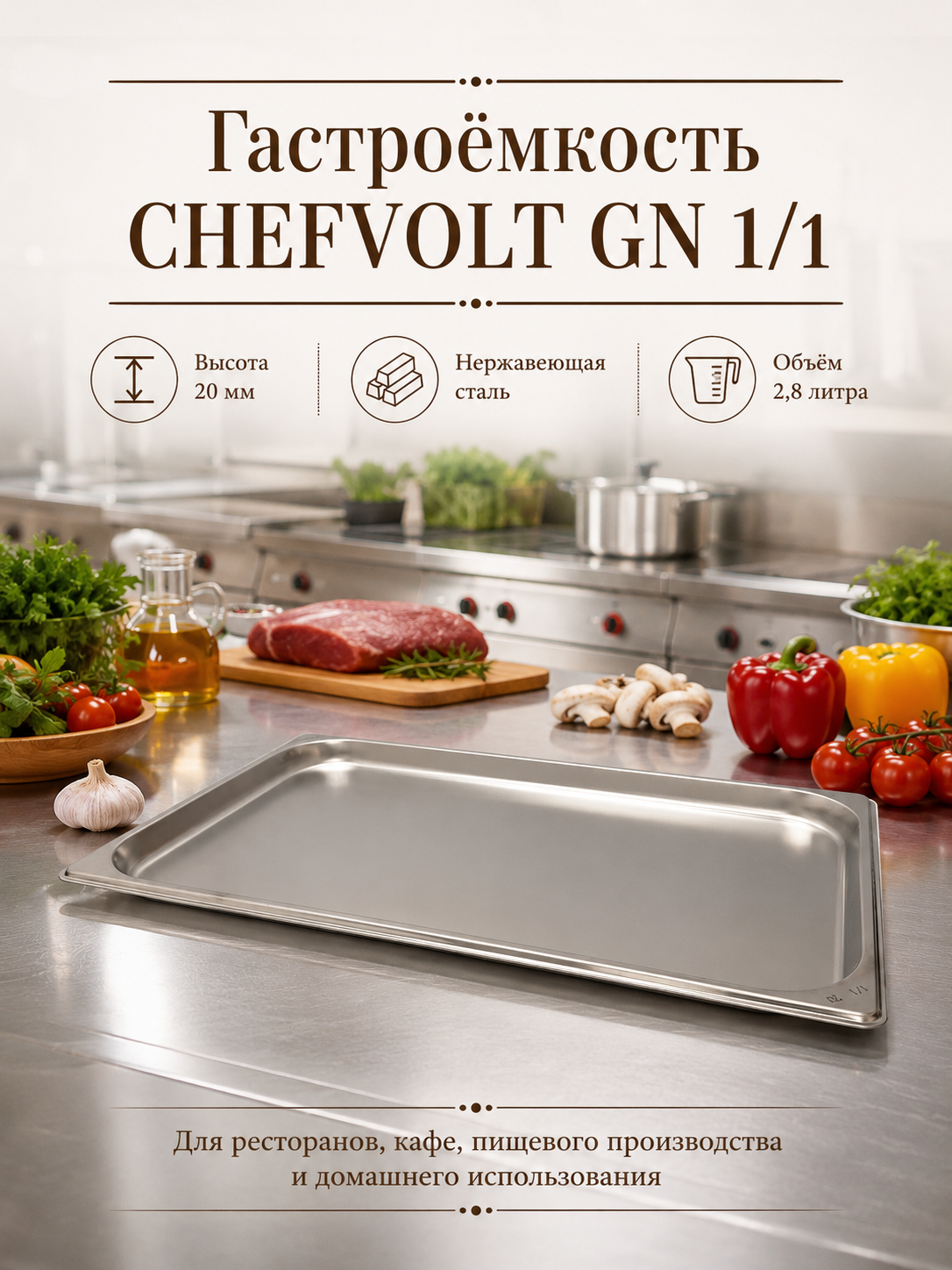 Гастроемкость GN 1/1-20 мм нержавеющая сталь CHEFVOLT