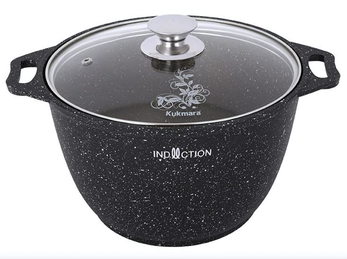 Кастрюля Kukmara "Marble Induction" 4л антипригарная со стеклянной крышкой, для индукции, алюминий, черный мрамор