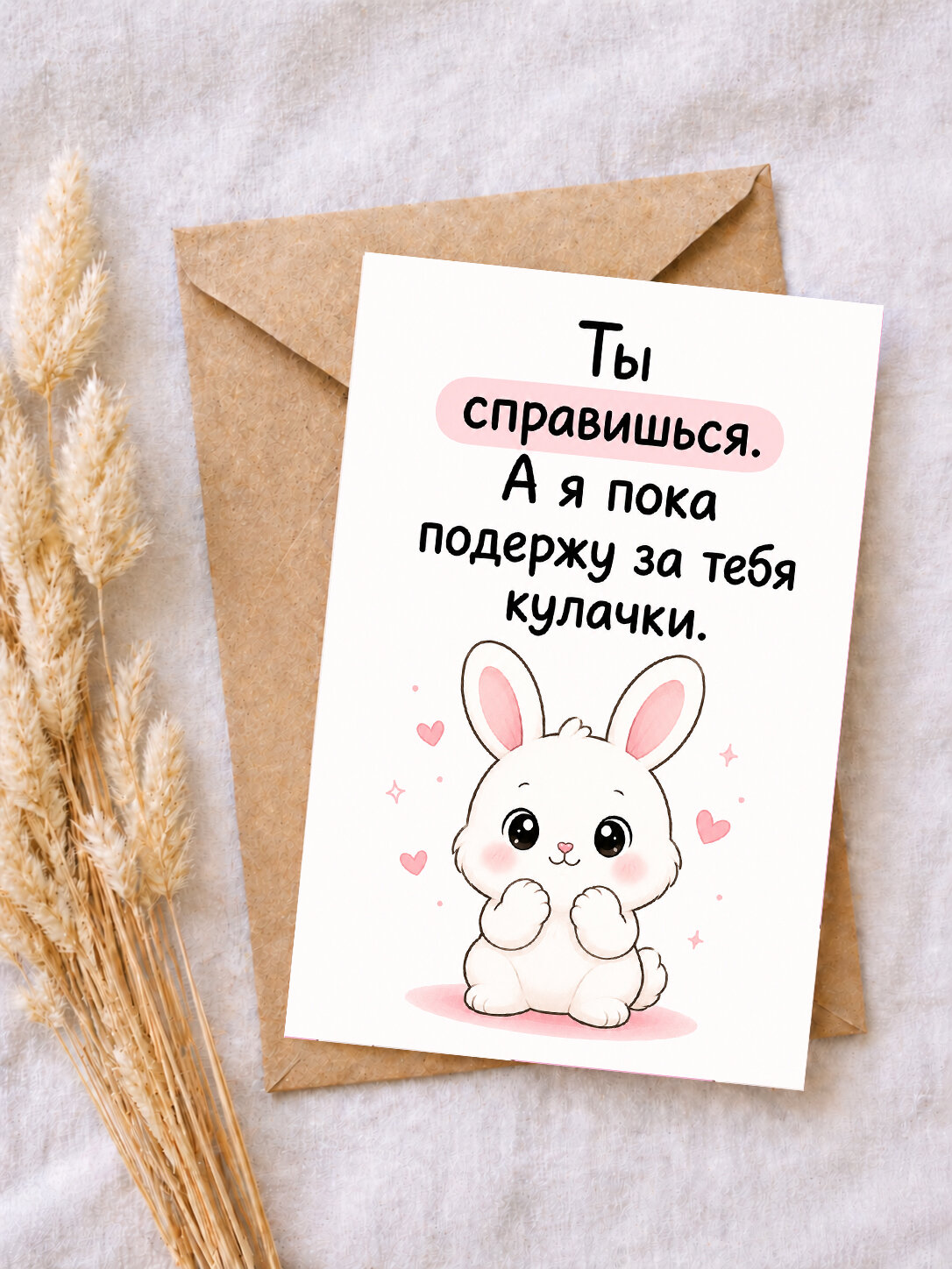 Открытка «Ты справишься» с милым зайчиком, открытка поддержки 10×15 см с крафт-конвертом