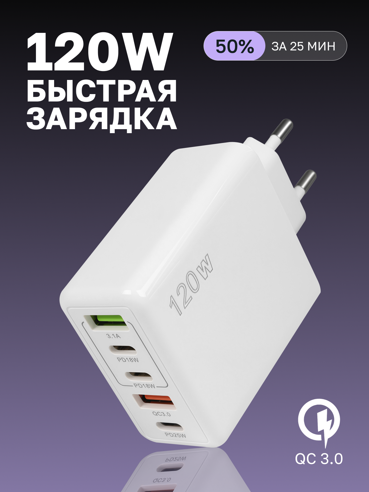 Зарядное устройство для iPhone и Android с быстрой зарядкой, 5 портов, белое