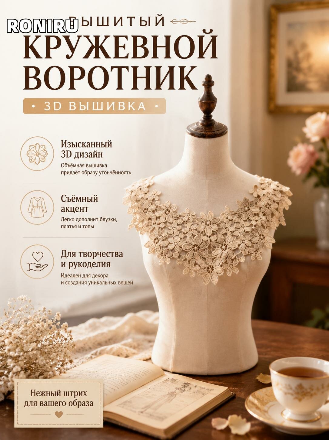 Вышитый кружевной воротник с 3D вышивкой, полиэстер — съемный ажурный акцент для блузок платьев и рукоделия
