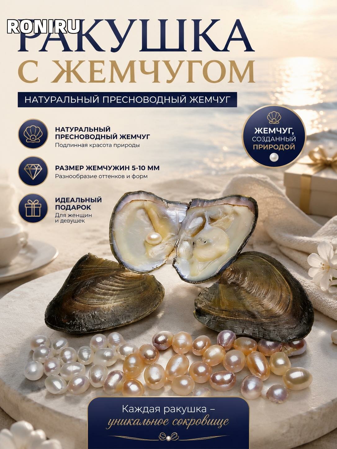 Ракушка с натуральным пресноводным жемчугом, подарок женщине или девушке, жемчужина 5-10 мм разных оттенков