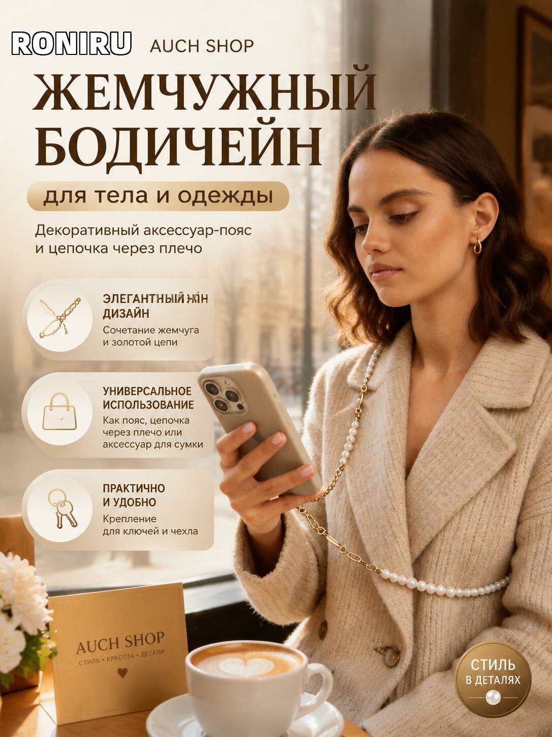 Жемчужный бодичейн для тела и одежды от AUCH SHOP, декоративный аксессуар‑пояс и цепочка через плечо с возможностью крепления для ключей и чехла