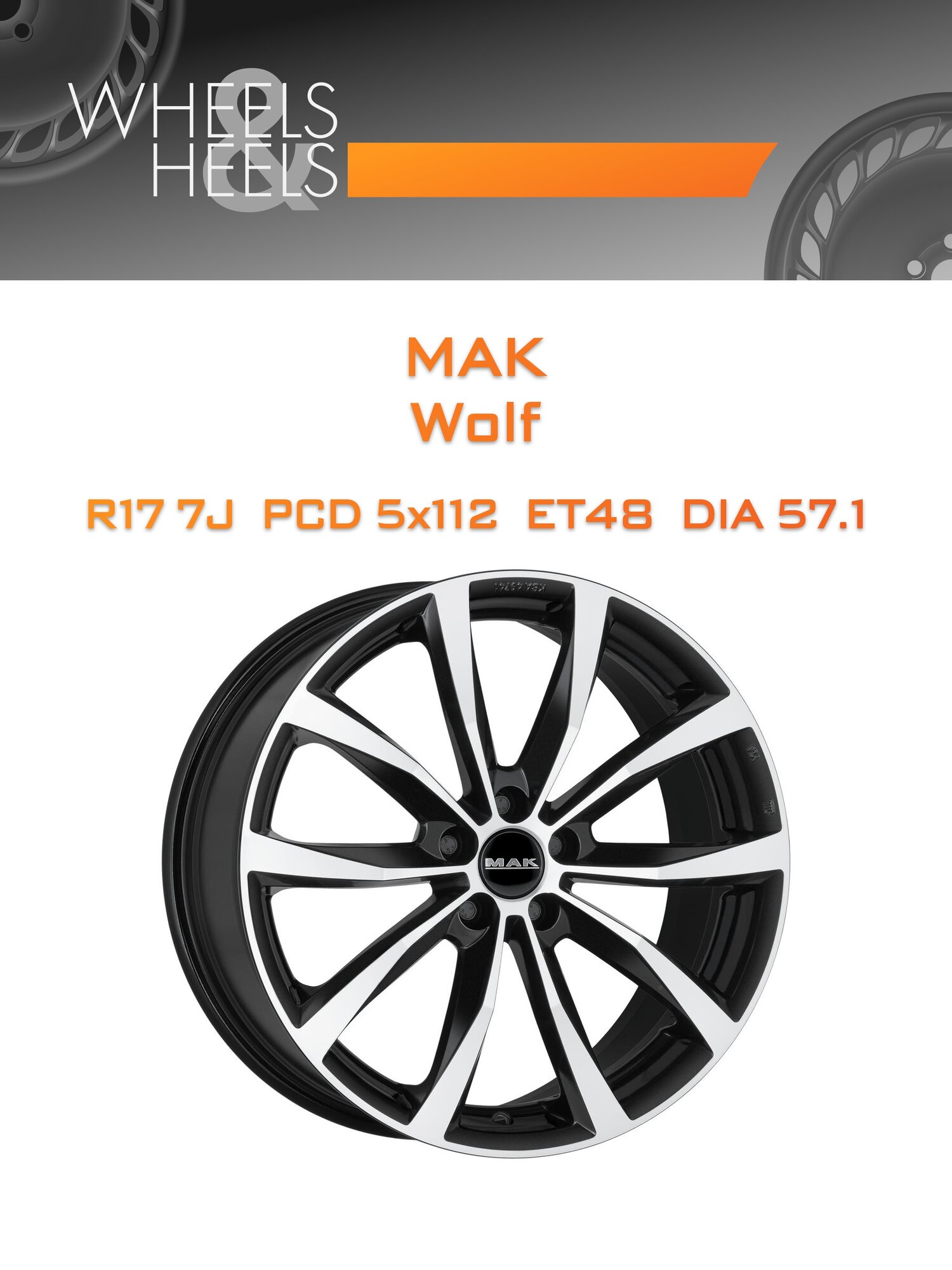Диск автомобильный литой MAK Wolf 17x7 5x112 et48 dia57.1 Чёрный глянцевый с полированной лицевой частью