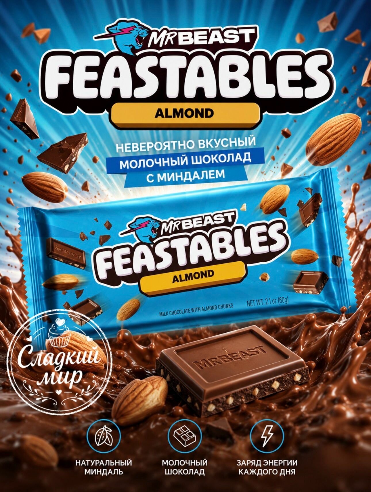 Молочный шоколад с миндалем MR.BEAST FEASTABLES 60 гр.