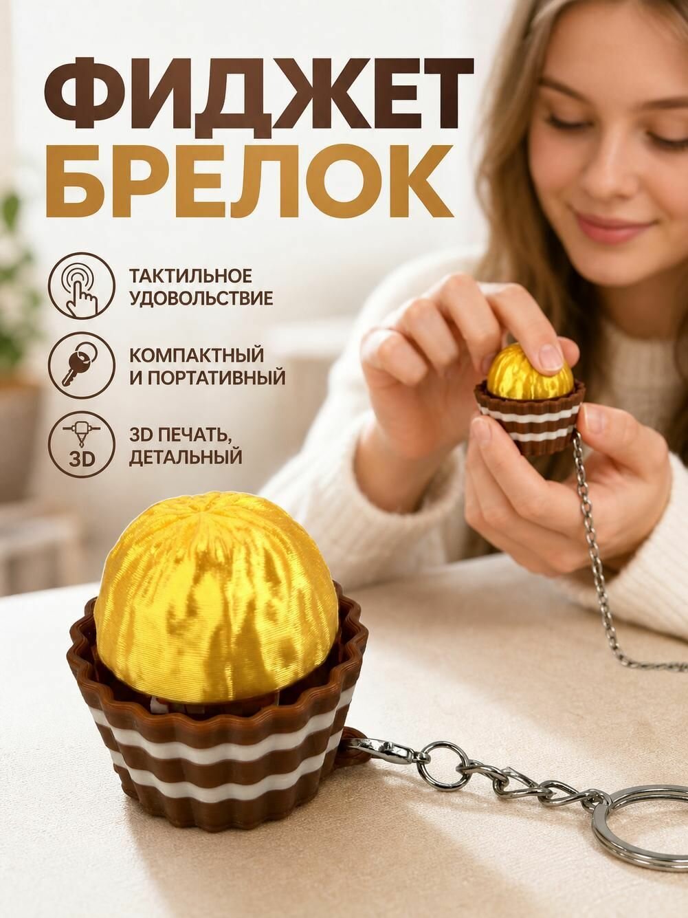 Брелок-антистресс в виде конфеты Ferrero Rocher, кликер-нажималка для снятия стресса, мягкая сжимаемая игрушка