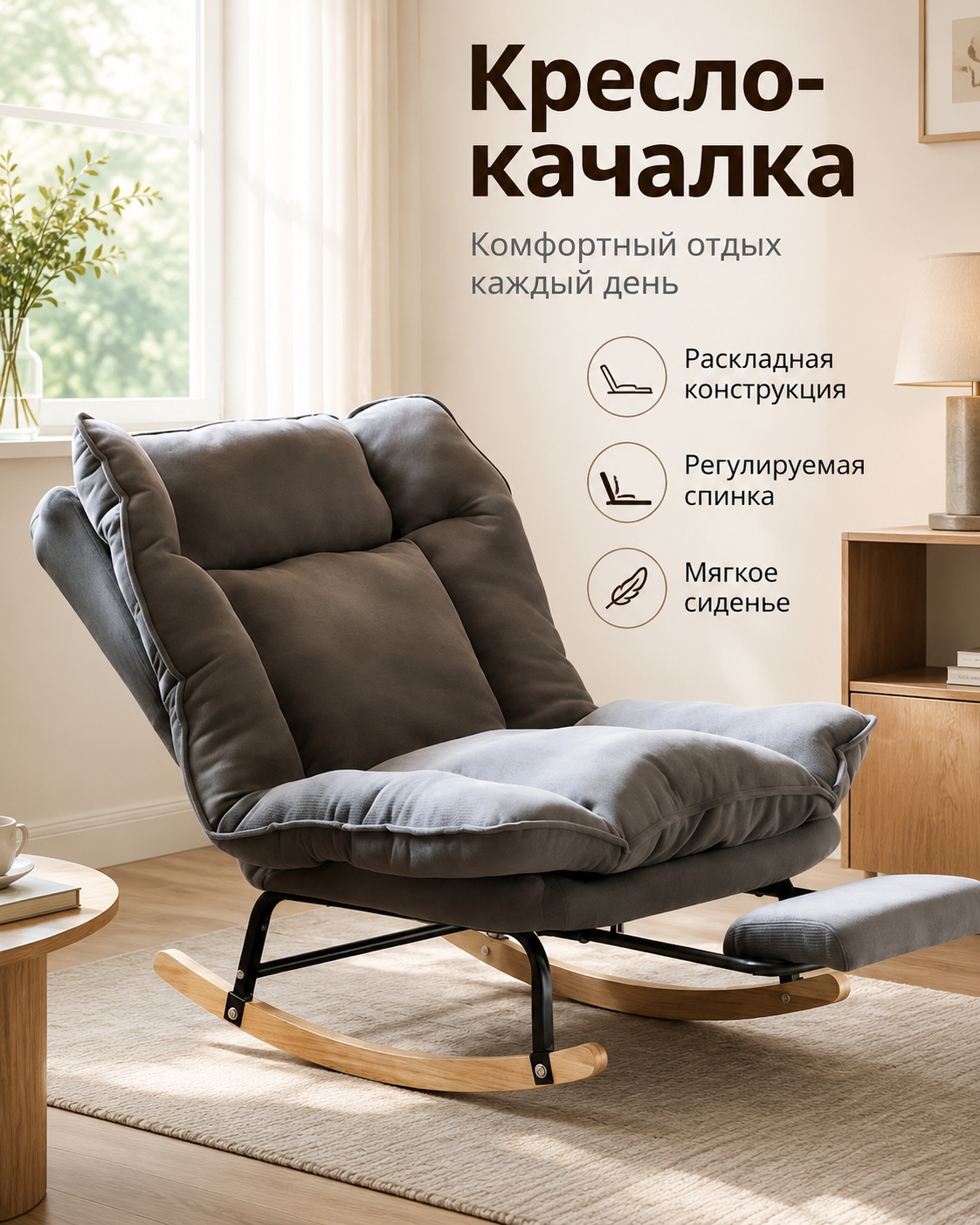 Мягкое тканевое кресло-качалка для гостиной с регулируемой спинкой, односпальное, современный стиль