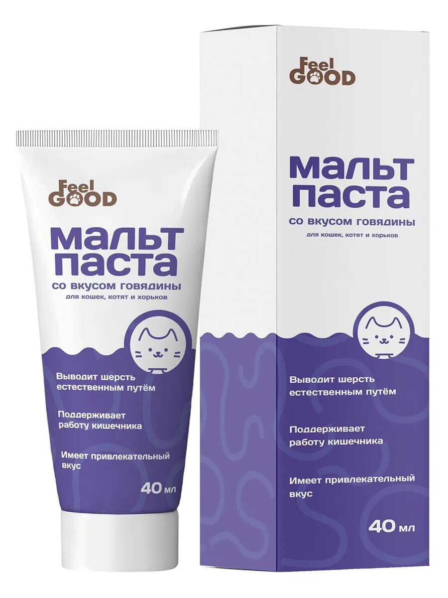 Мальт-паста Feelgood для вывода шерсти для кошек, котят и хорьков, говядина, 40 мл
