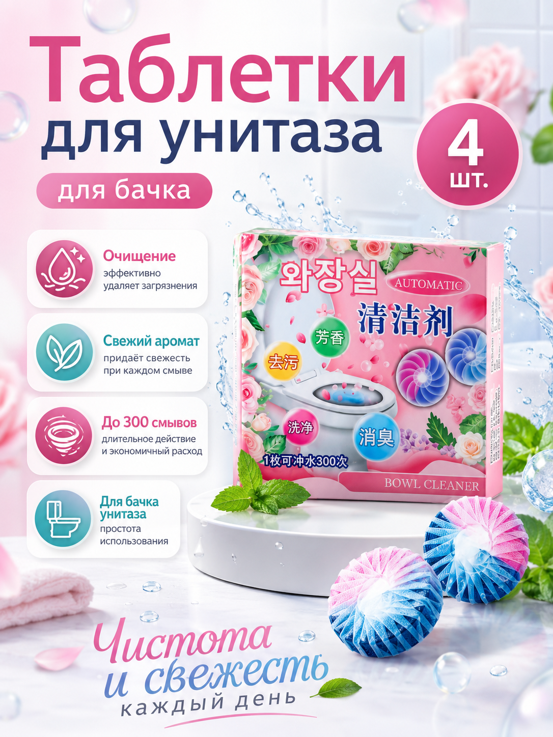 Таблетки-освежитель для очистки унитаза (4 таблетки - 1 упаковка)