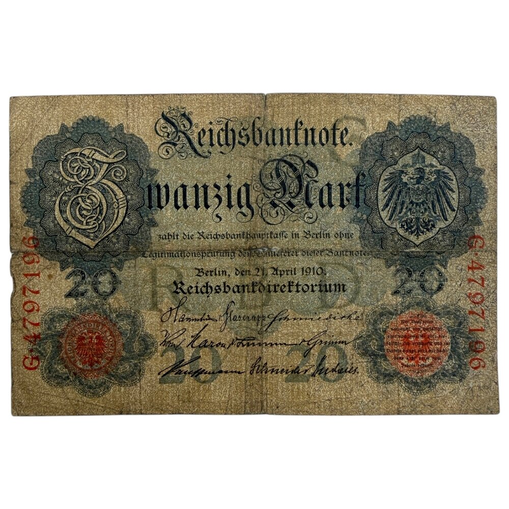 Германская империя (Германия) 20 марок 1910 г. (Без ВЗ) (Литера G) (Серия G) (7-значный номер)