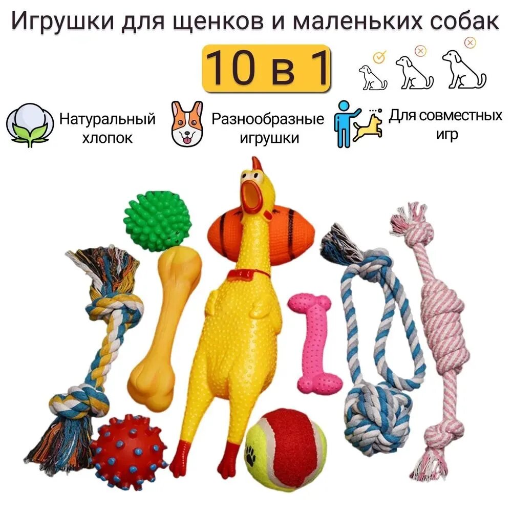 Игрушки для собак мелких пород и щенков, набор 10 в 1 : резиновые мячики, канат грейфер, курица пищалка, косточки, зоотовары для развлечения и дрессировки питомцев