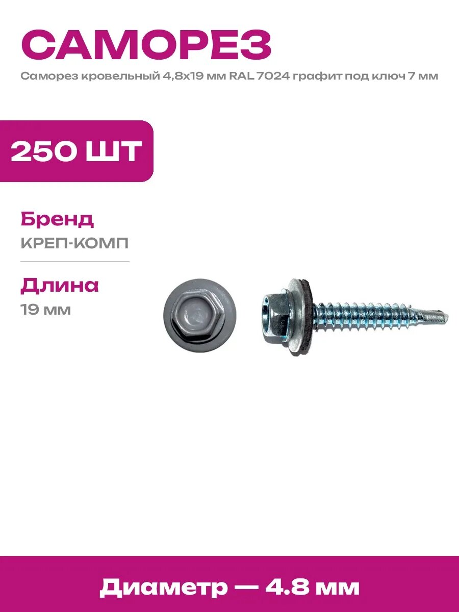 Саморезы кровельные шестигранные 4,8х19 мм графит 250 шт