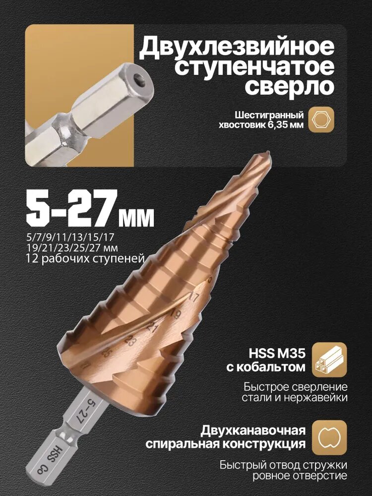 Ступенчатое сверло 5-27 мм 12 ступеней HSS M35 с кобальтом двухлезвийное для промышленного монтажа, шестигранный хвостовик 6,35 мм
