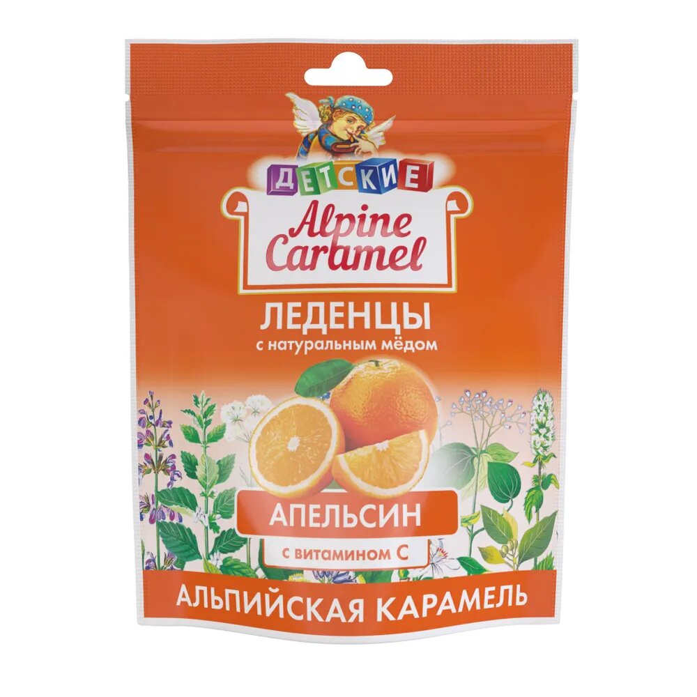 Alpine Caramel Альпийская карамель леденцы детские с натуральным медом и витамином С со вкусом апельсин 75г