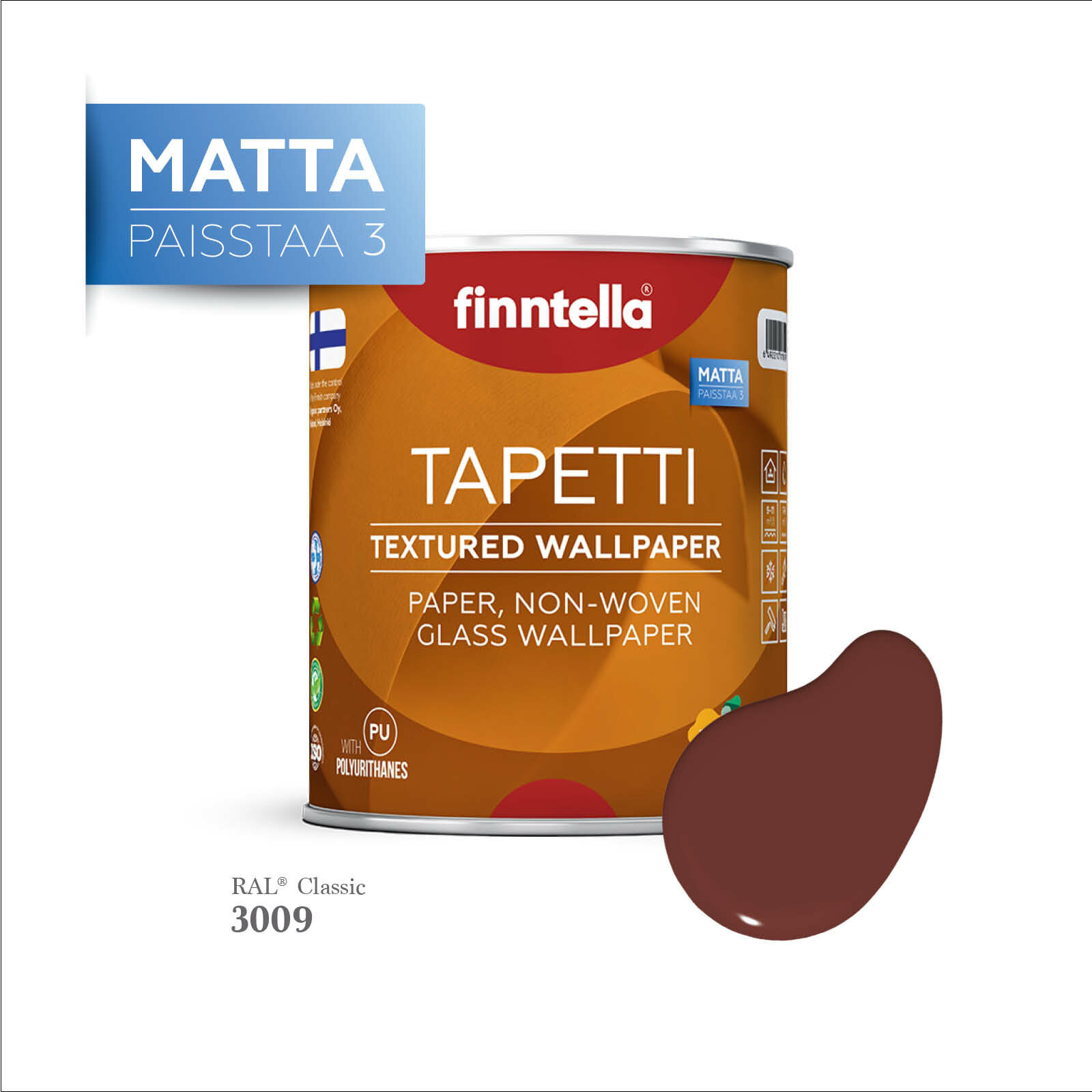 Матовая краска для обоев под окраску TAPETTI Matta FINNTELLA, Цвет RAL 3009 Красная окись (Oxide red), 0,9л
