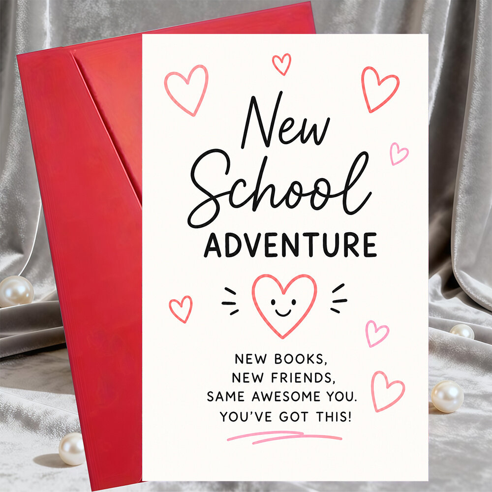 Открытка с красным конвертом "New School Adventure" - поощрительная записка для студентов на начало учебного года