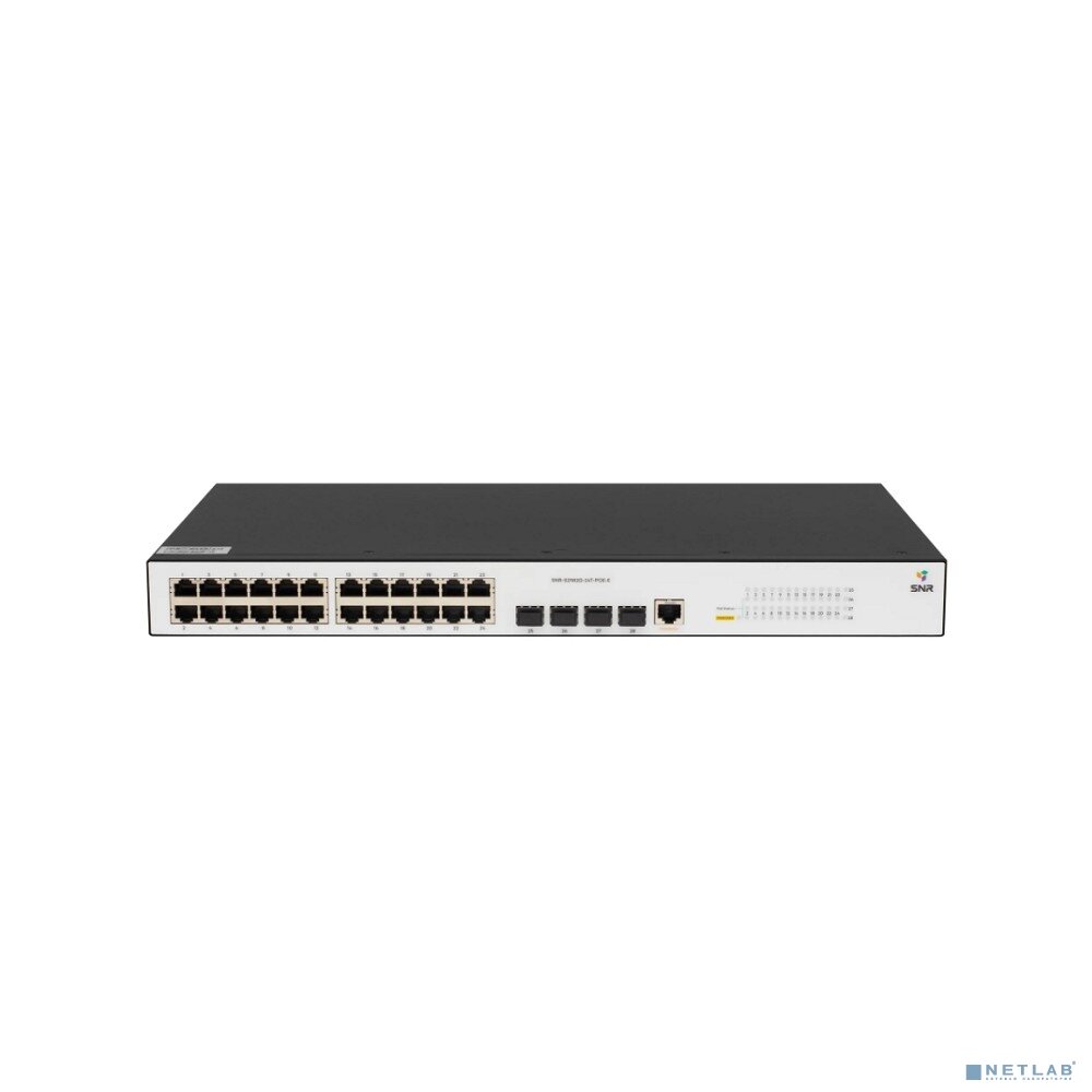 SNR-S2982G-24T-POE-E Управляемый гигабитный PoE коммутатор уровня 2, 24 порта 10/100/1000Base-T с поддержкой PoE, 4 порта 100/1000Base-X (SFP), бюджет PoE 370 Вт, встроенный БП ~220V AC.