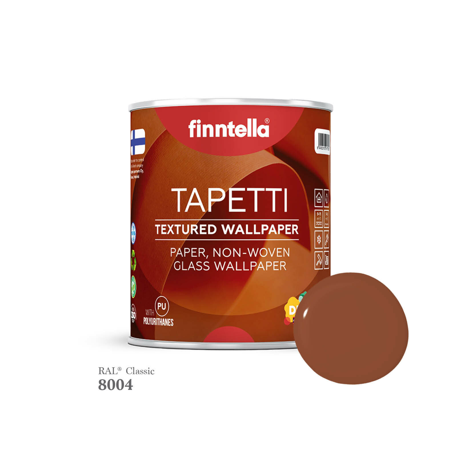 Шелковисто-матовая краска для обоев под окраску TAPETTI SILKKI Matta FINNTELLA, Цвет RAL 8004 Медно-коричневый (Copper brown), 0,9л