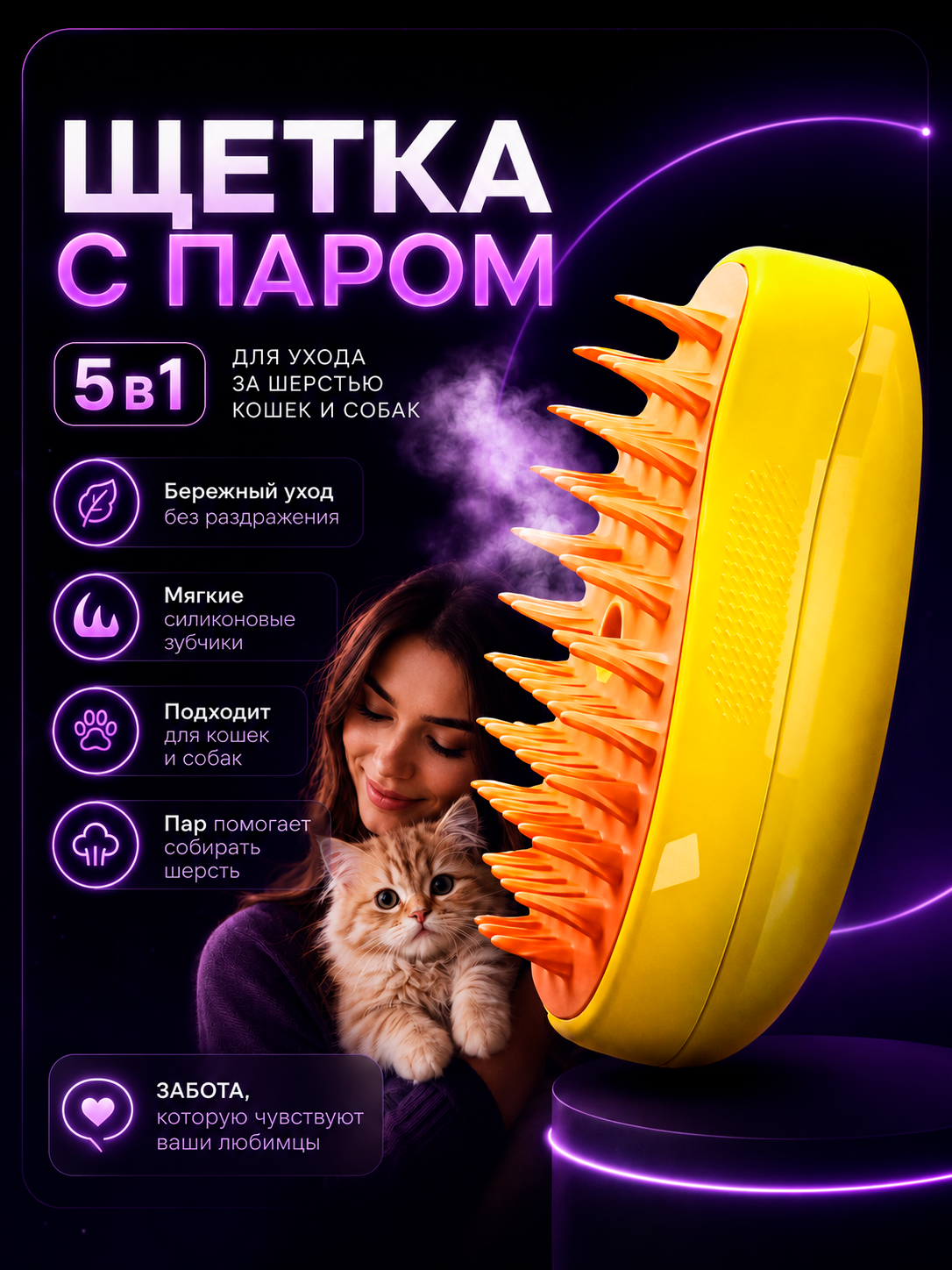 Паровая щетка для кошек и собак, Расческа с паром, Массажная паровая щетка для расчесывания животных, Желтый