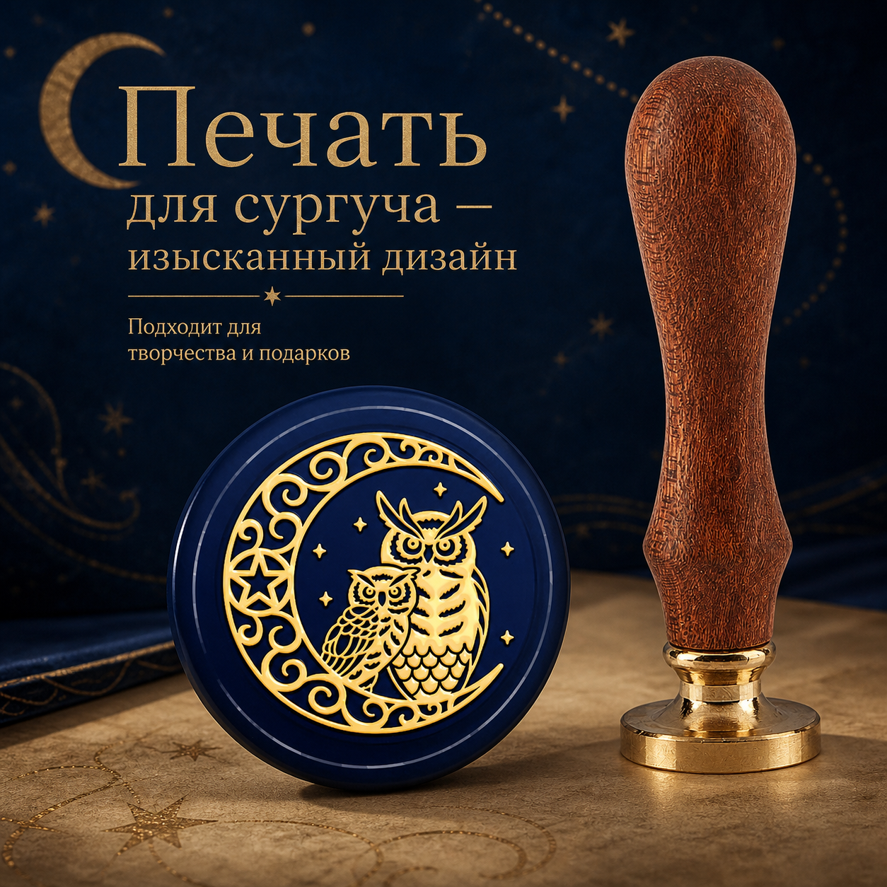 1 комплект сургучной печати Сова на Луне , сургучная печать со звездой, съемная латунная головка с деревянной ручкой